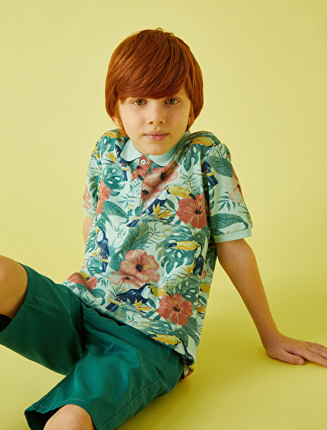 Koton Erkek Çocuk Polo Yaka Tişört Pamuklu Pike Kumaştan Çiçekli