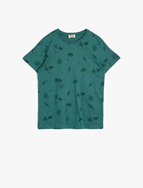 Koton Erkek Çocuk Palmiye Desenli Pamuklu Kısa Kollu Bisiklet Yaka Tişört