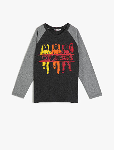 Koton Erkek Çocuk Bisiklet Yaka Reglan Kollu Baskılı Pamuklu Uzun Kollu Tişört