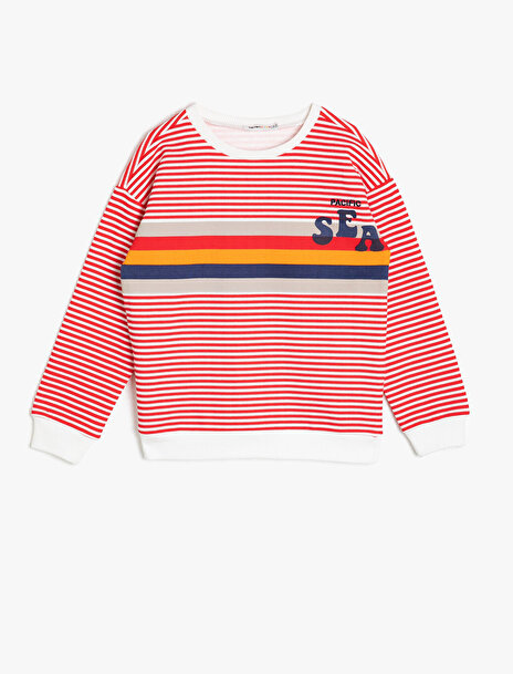 Koton Erkek Çocuk Çizgili Baskılı Bisiklet Yaka Ribanalı Sweatshirt