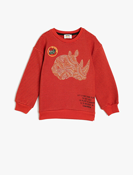 Koton Erkek Çocuk Çizgili Kumaştan Nakışlı ve Ribanalı Bisiklet Yaka Sweatshirt