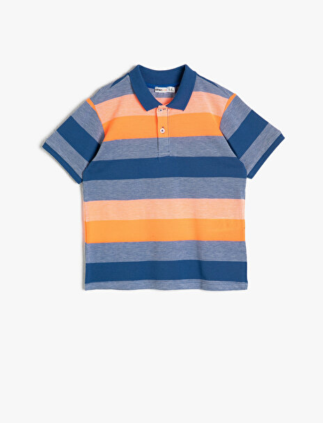 Koton Erkek Çocuk Çizgili Pamuklu Düğmeli Polo Yaka Ribanalı Kısa Kollu Tişört