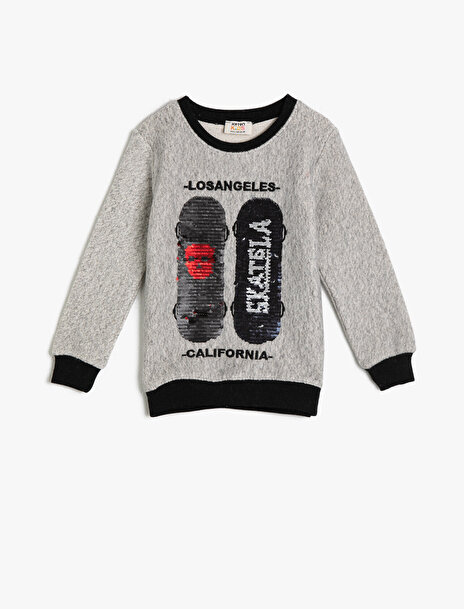 Koton Erkek Çocuk Baskılı Göğüste Çift Taraflı Pullu Payet  Ribanalı Sweatshirt