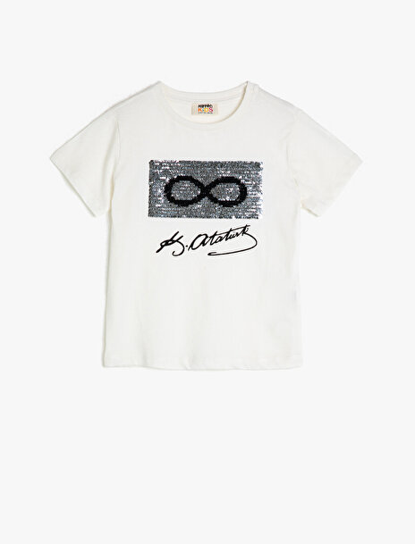 Koton Erkek Çocuk Pamuklu Atatürk İmzası Baskılı Pullu Bisiklet Yaka Tişört