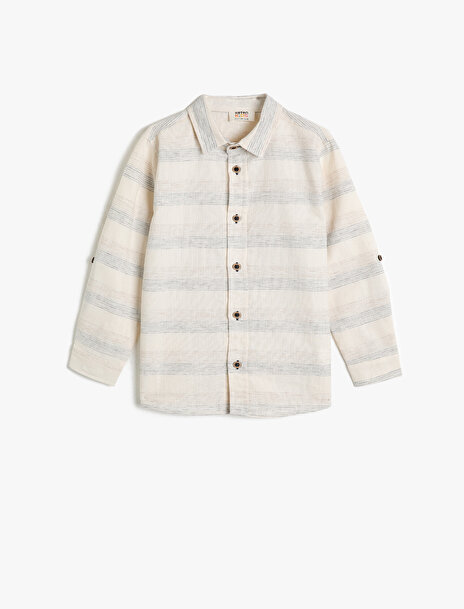 Koton Erkek Çocuk Çizgili Uzun ve Katlanabilir Kollu Klasik Yaka Gömlek