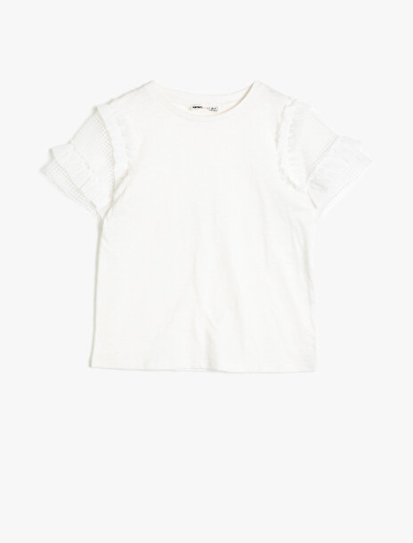 Koton Kız Çocuk Pamuklu Yumuşak Kolu Tüllü Fırfırlı Bisiklet Yaka Kısa Kollu Tişört