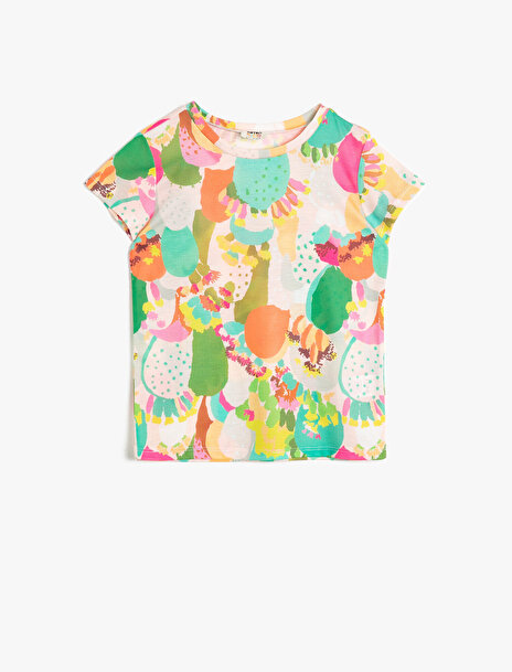 Koton Kız Çocuk Desenli Yumuşak Kumaştan Bisiklet Yaka Kısa Kollu Tişört