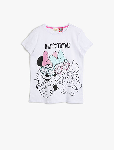 Koton Kız Çocuk Minnie Lisanslı Pullu Pamuklu Yumuşak Bisiklet Yaka Kısa Kollu Tişört