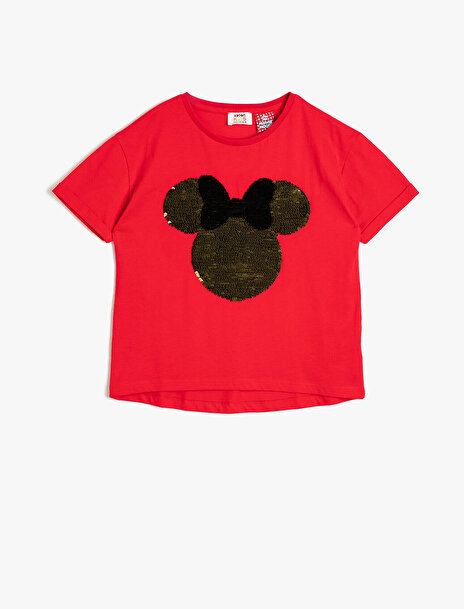 Koton Kız Çocuk Minnie Lisanslı Çift Taraflı Pullu Kısa Kollu Pamuklu Yumuşak Tişört
