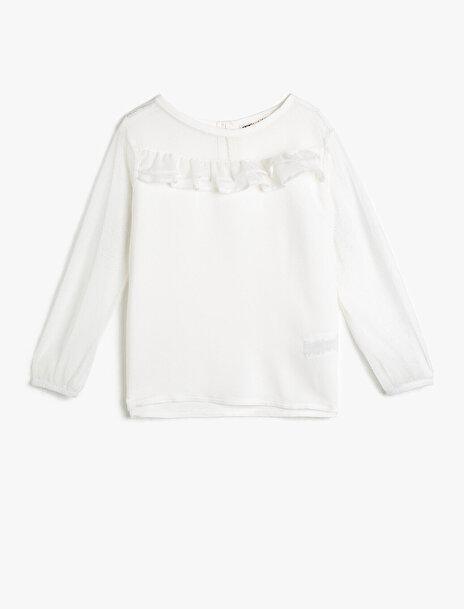 Koton Kız Çocuk Dökümlü Kumaştan Tüllü Fırfırlı Bisiklet Yaka Uzun Kollu Bluz