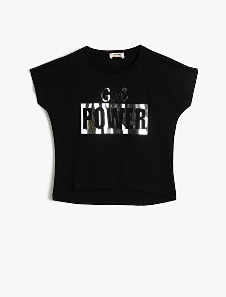 Koton Kız Çocuk Yumuşak Kumaştan Parlak Yazılı Baskılı Bisiklet Yaka Kısa Kollu Kısa Tshirt