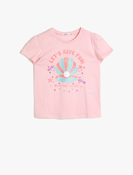 Koton Kız Çocuk Pamuklu Yumuşak Simli Baskılı Bisiklet Yaka Kısa Kollu Tişört