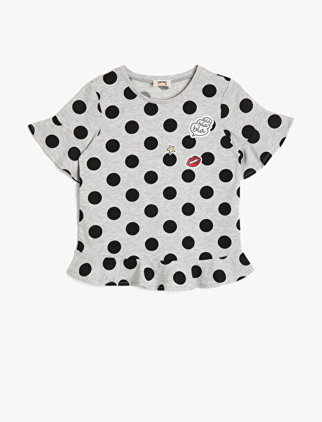 Koton Kız Çocuk Puantiyeli Pamuklu Yumuşak Kumaştan Aplikeli Kısa Kollu Tişört
