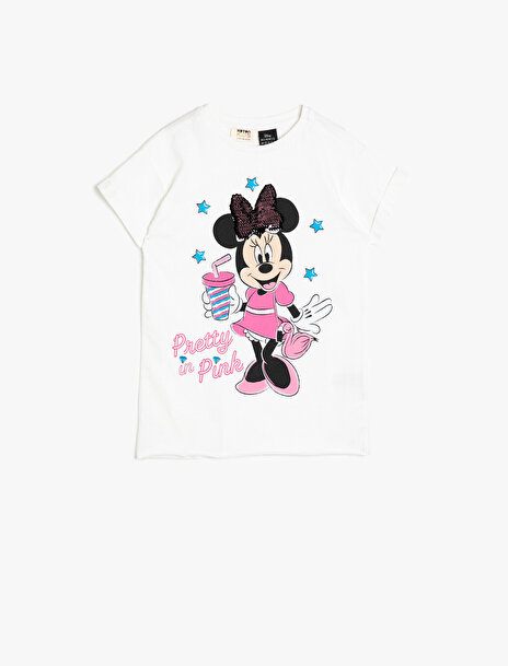 Koton Kız Çocuk Minnie By Koton Çift Taraflı Pullu Motifli Kısa Kollu Tişört