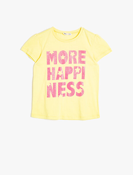 Koton Kız Çocuk Pamuklu Yumuşak Simli Yazılı Baskılı Bisiklet Yaka Kısa Kollu Tişört