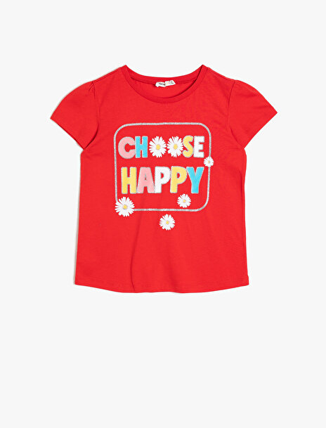 Koton Kız Çocuk Pamuklu Yumuşak Simli Yazılı Baskılı Bisiklet Yaka Kısa Kollu Tişört