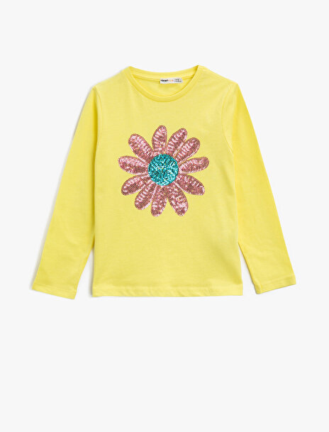 Koton Kız Çocuk Yumuşak Pamuklu Çiçekli Pullu Uzun Kollu Tişört