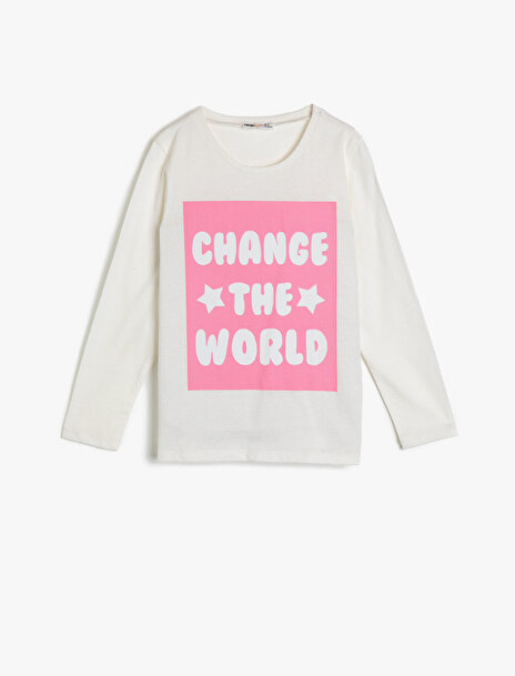 Koton Kız Çocuk Yumuşak Pamuklu Tişört Kumaştan Yazılı Baskılı Uzun Kollu Tişört