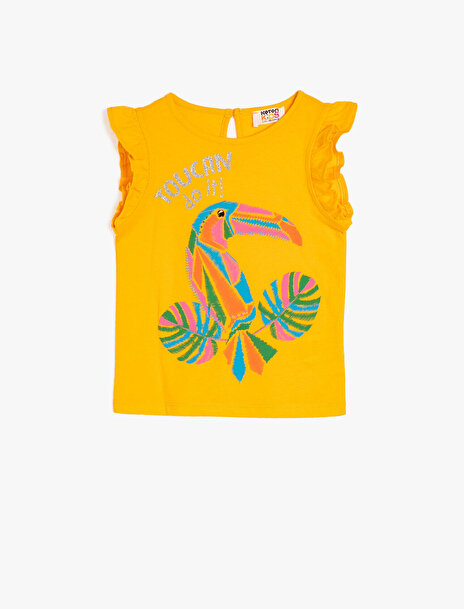 Koton Kız Çocuk İşlemeli Tişört Bisiklet Yaka Kısa Kollu Pamuklu Fırfırlı