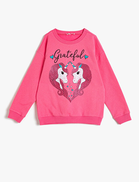 Koton Kız Çocuk İçi Tüylü Yumuşak Sweatshirt Kumaşından Unicorn Baskılı Sweatshirt