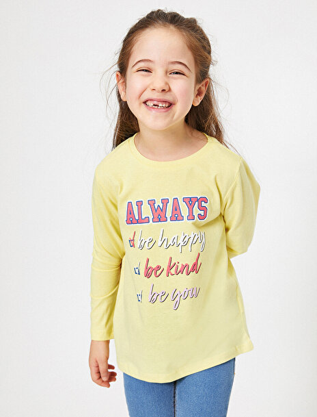 Koton Kız Çocuk Yumuşak Pamuklu Simli Yazılı Baskılı Uzun Kollu Tişört