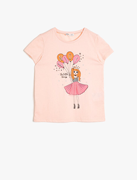 Koton Kız Çocuk Pamuklu Yumuşak Baskılı Tül Aplikeli Bisiklet Yaka Kısa Kollu Tişört