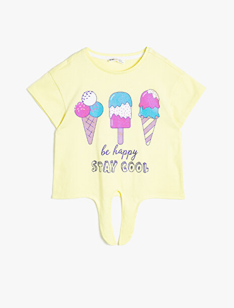 Koton Kız Çocuk Pamuklu Yumuşak Simli Baskılı Bisiklet Yaka Kısa Kollu Tişört