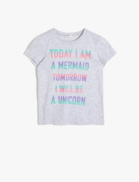 Koton Kız Çocuk Pamuklu Yumuşak Simli Yazılı Baskılı Kısa Kollu Tişört