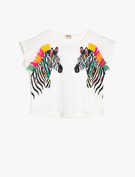 Koton Kız Çocuk Bisiklet Yaka Kısa Kollu %100 Pamuklu Baskılı Püskül Detaylı Tişört