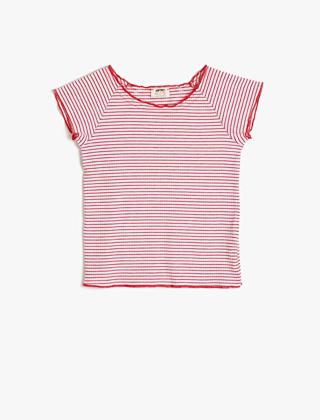 Koton Kız Çocuk Çizgili Dokulu Esnek Yumuşak Kumaştan Bisiklet Yaka Kısa Kollu Tişört