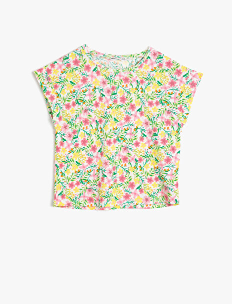 Koton Kız Çocuk Çiçekli Dokulu Esnek Kumaştan Bisiklet Yaka Kısa Kollu Tişört Koton Kız Çocuk Çiçekli Dokulu Esnek Kumaştan Bisiklet Yaka Kısa Kollu Tişört