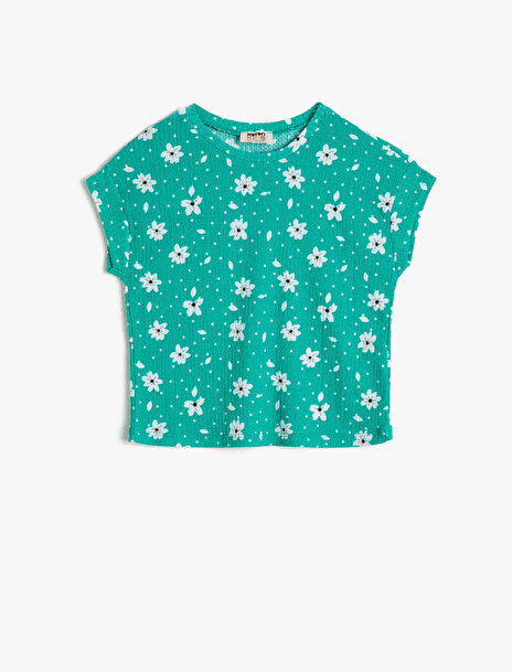 Koton Kız Çocuk Çiçekli Dokulu Esnek Kumaştan Bisiklet Yaka Kısa Kollu Tişört