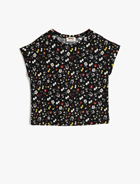 Koton Kız Çocuk Çiçekli Dokulu Esnek Kumaştan Bisiklet Yaka Kısa Kollu Tişört