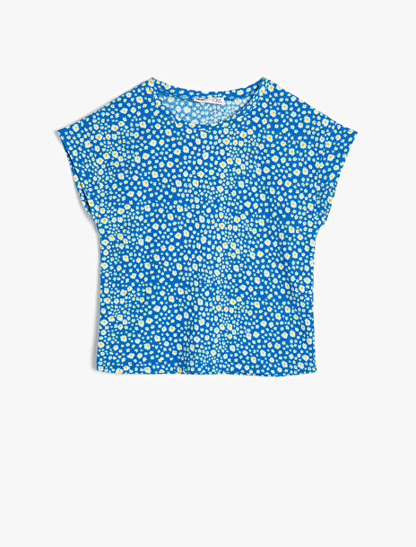 Koton Kız Çocuk Çiçekli Dokulu Esnek Kumaştan Bisiklet Yaka Kısa Kollu Tişört