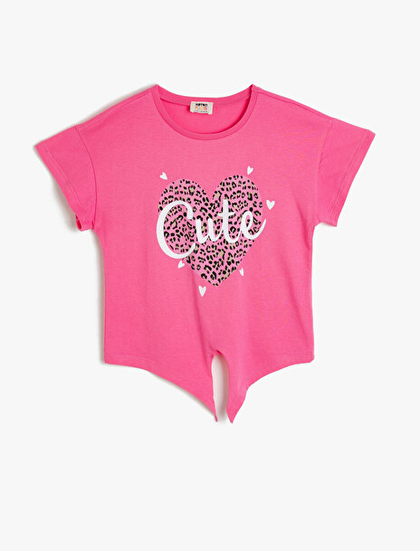 Koton Kız Çocuk Pamuklu Yumuşak Simli Baskılı Bisiklet Yaka Kısa Kollu Tişört