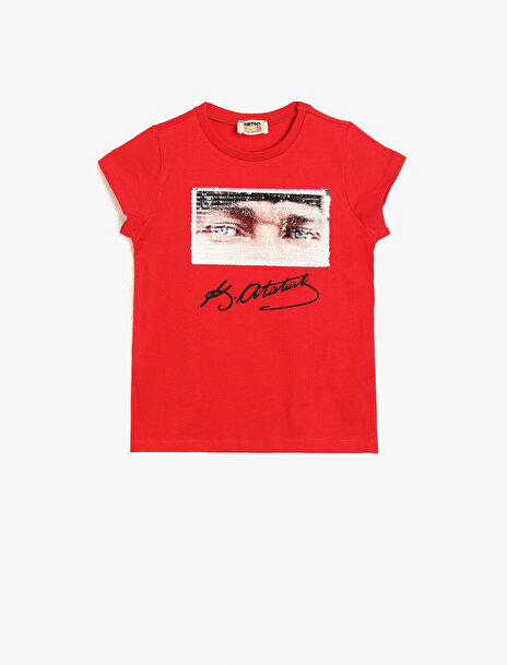 Koton Kız Çocuk Atatürk İmzası Baskılı Pullu Bisiklet Yaka Kısa Kollu Tişört