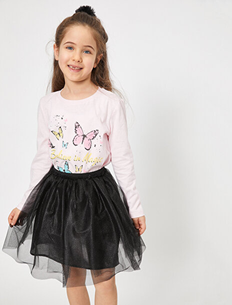 Koton Kız Çocuk Yumuşak Pamuklu Simli Baskılı Uzun Kollu Tişört