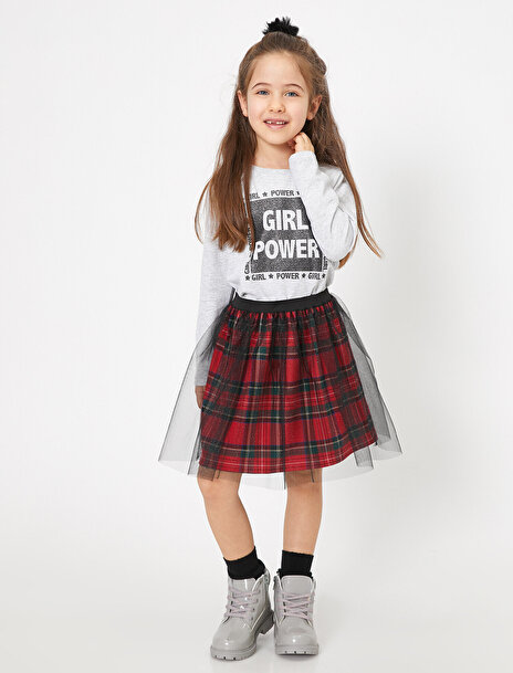 Koton Kız Çocuk Yumuşak Pamuklu Simli Yazılı Baskılı Uzun Kollu Tişört