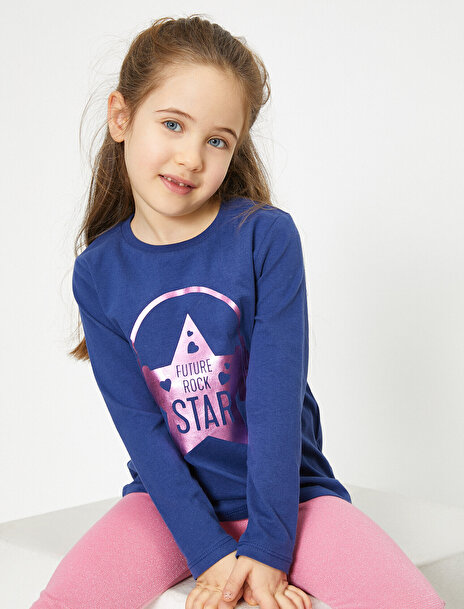 Koton Kız Çocuk Yumuşak Pamuklu Parlak Yıldız Baskılı Uzun Kollu Tişört