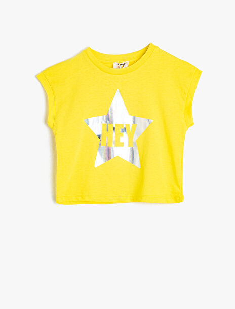 Koton Kız Çocuk Parlak Baskılı Bisiklet Yaka Püsküllü Kısa Kollu Pamuklu Tişört