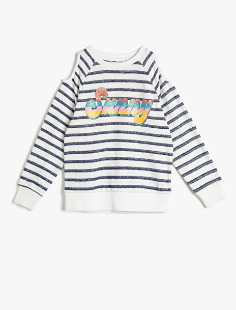 Koton Kız Çocuk Çizgili Yumuşak Sweatshirt Kumaşından Omzu Açık Simli Yazılı Baskılı Sweatshirt Koton Kız Çocuk Çizgili Yumuşak Sweatshirt Kumaşından Omzu Açık Simli Yazılı Baskılı Sweatshirt