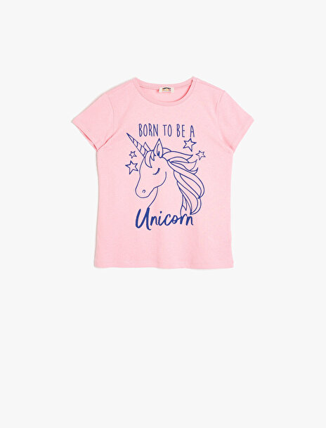 Koton Kız Çocuk Pamuklu Yumuşak Unicorn Baskılı Bisiklet Yaka Kısa Kollu Tişört
