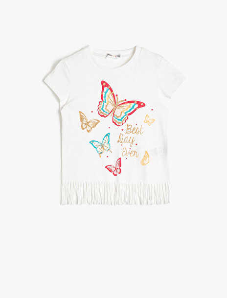 Koton Kız Çocuk Pamuklu Yumuşak Simli Baskılı Püsküllü Bisiklet Yaka Kısa Kollu Tişört