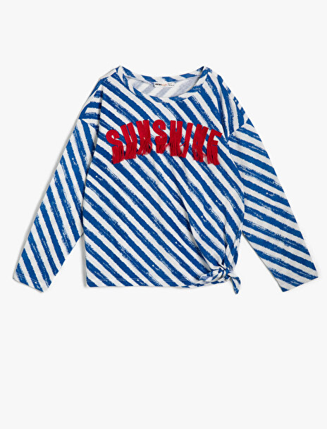 Koton Kız Çocuk Çizgili Yumuşak Pamuklu Belden Bağlamalı Yazılı Püsküllü İşlemeli Tshirt