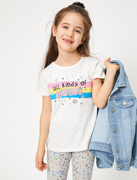 Koton Kız Çocuk Pamuklu Yumuşak Simli Yazılı Baskılı Bisiklet Yaka Kısa Kollu Tişört