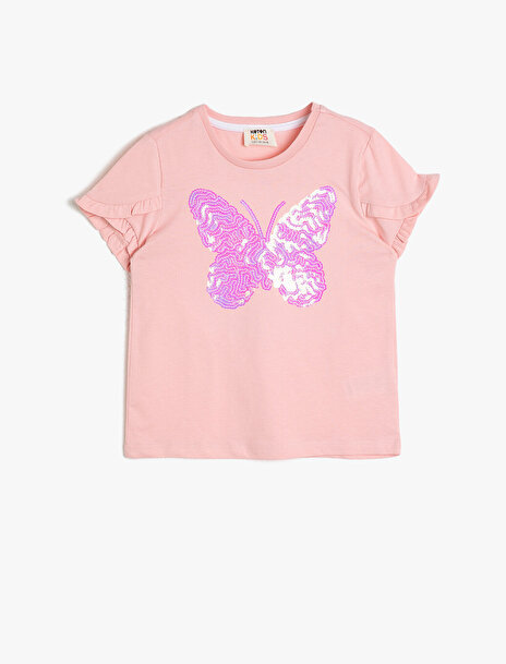Koton Kız Çocuk Pamuklu Yumuşak Kelebekli Pullu Kısa Kollu Tişört