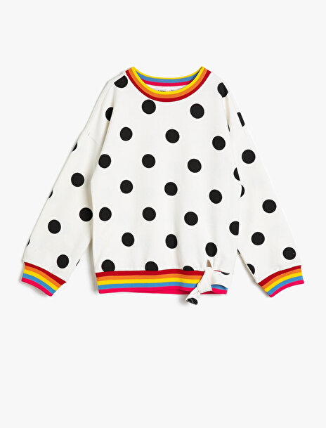 Koton Kız Çocuk Puantiyeli Çizgili Ribanalı Etek Ucu Bağcıklı Sweatshirt