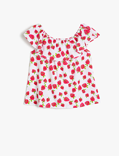 Koton Kız Çocuk Çilekli Pamuklu Yumuşak Yakası Fırfırlı Bol Kesim Kısa Kollu Tişört
