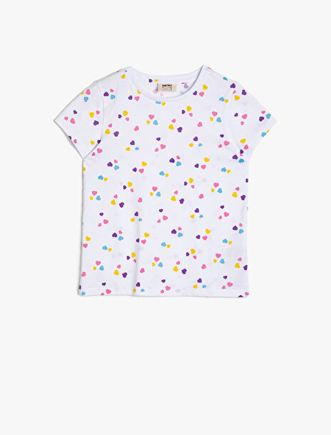 Koton Kız Çocuk Desenli Pamuklu Yumuşak Kumaştan Bisiklet Yaka Kısa Kollu Tshirt