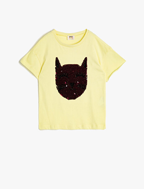 Koton Kız Çocuk Pamuklu Yumuşak Çift Taraflı Pullu Motifli Kısa Kollu Tişört